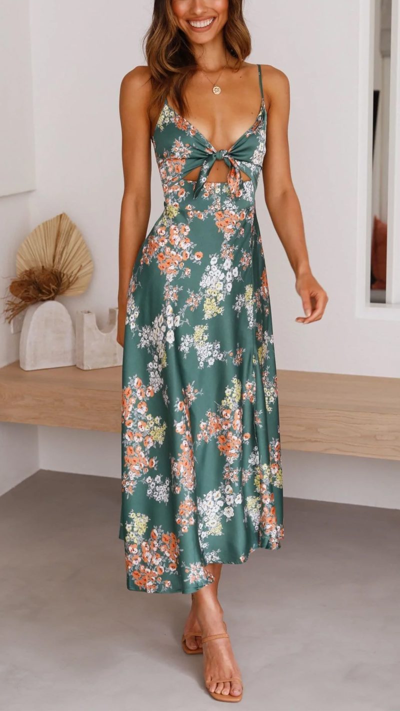 Toperth Satin Floral Split Chest Knot Cutout Midi Dress – Toperth