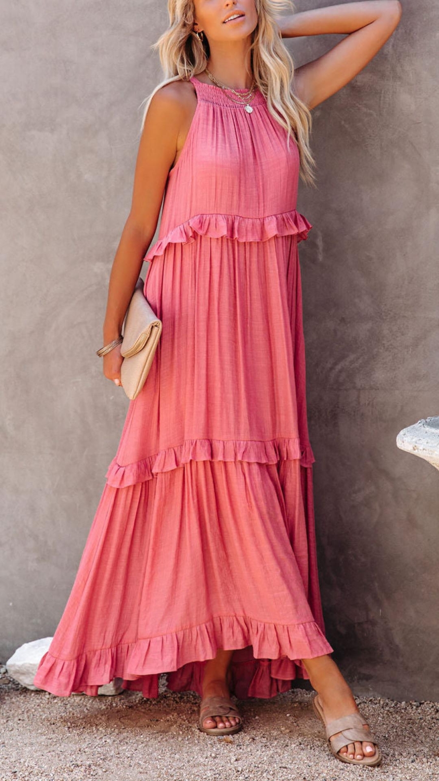 Toperth Solid Halter Neckline Ruffle Trimming Maxi Dress – Toperth