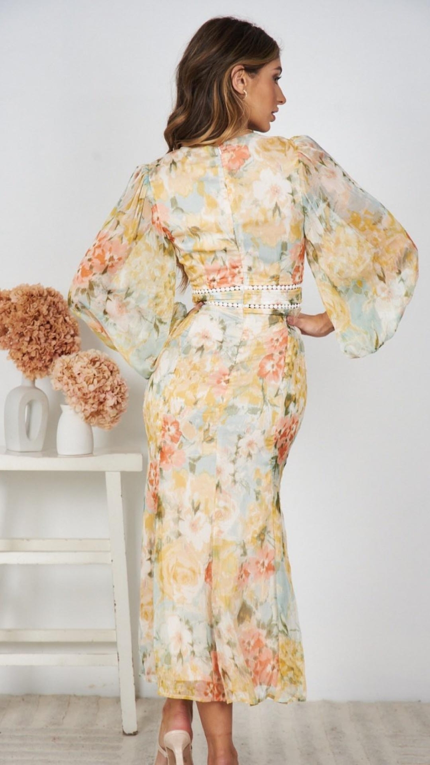 Toperth Plunge Neckline & Full-Length Sleeves Floral Maxi Dress – Toperth