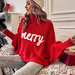 Toperth Red High-Neck Merry Pattern Turtleneck Sweater – Toperth