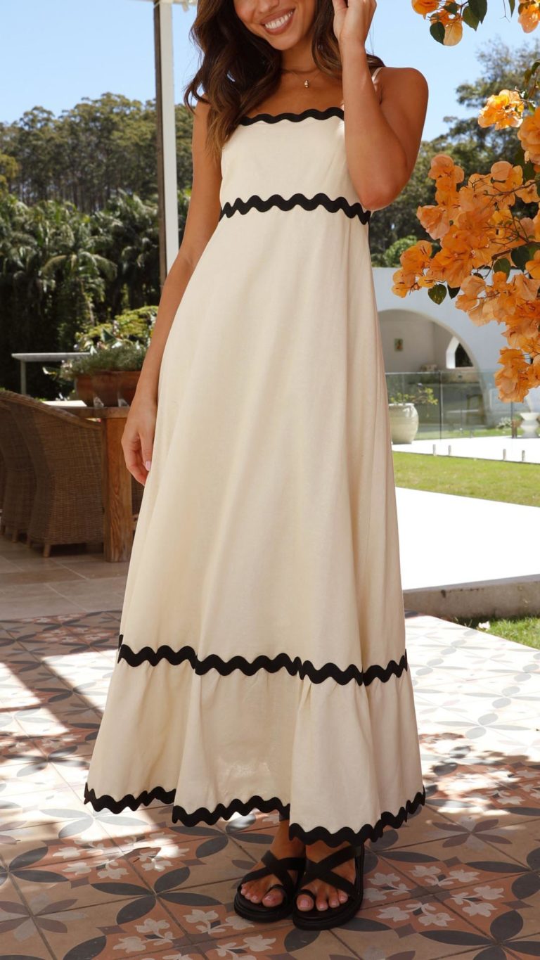 Toperth Sophisticated Beige Ric Rac Maxi Dress – Toperth