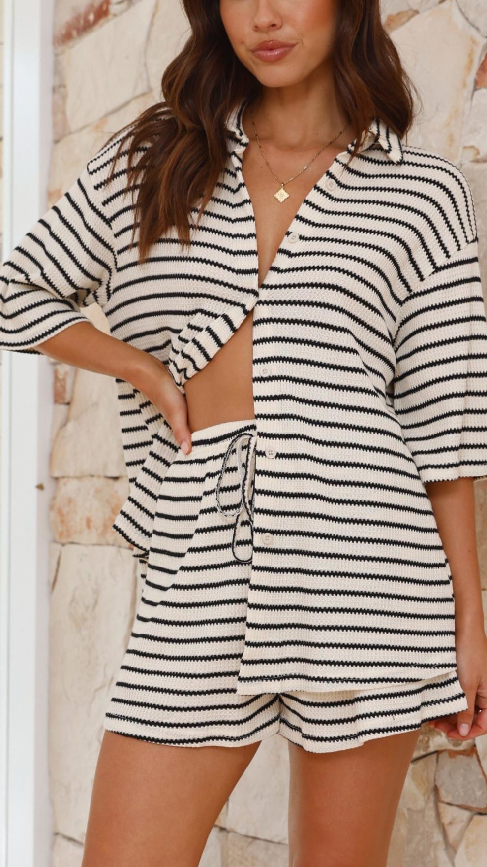 Toperth White Striped Waffle Knit Two - Piece Set – Toperth