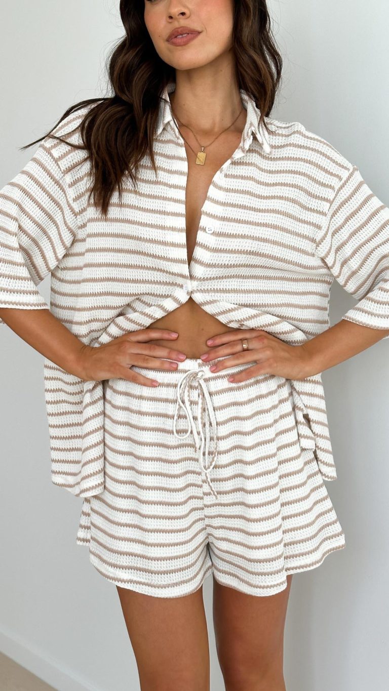 Toperth Beige Striped Waffle Knit Two - Piece Set – Toperth