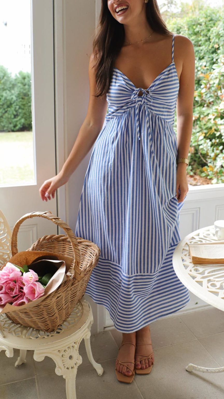 Toperth Blue Striped Tie-Front Midi Dress – Toperth