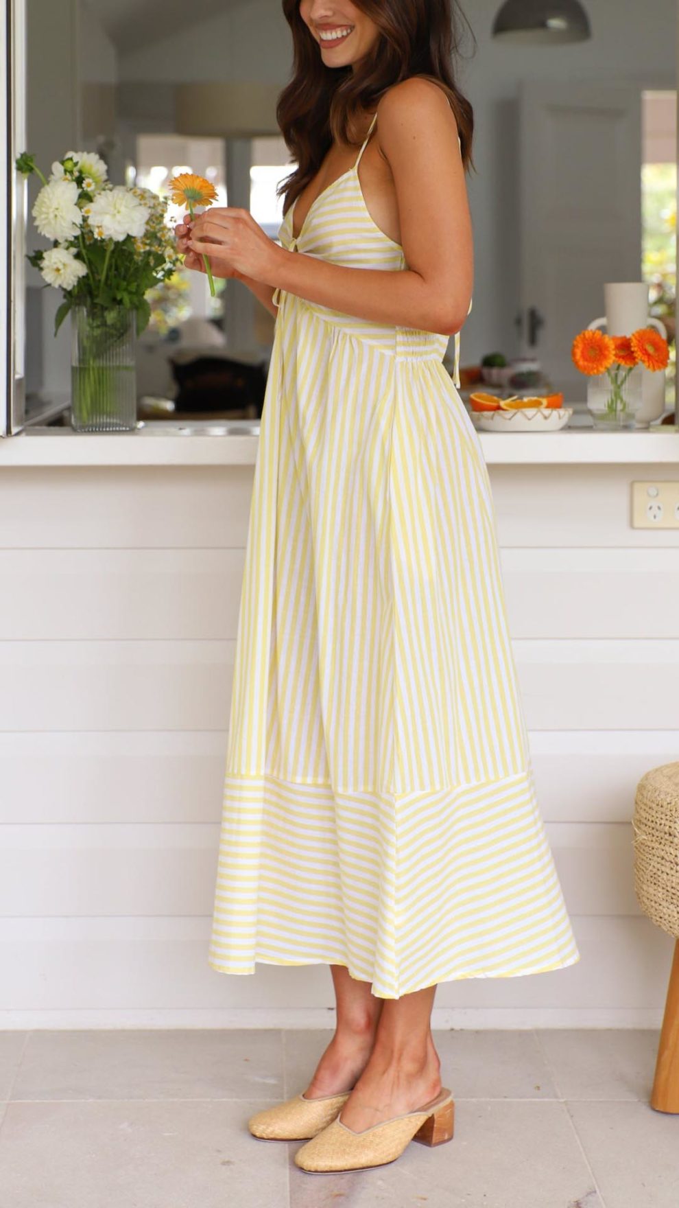 Toperth Yellow Striped Tie-Front Midi Dress – Toperth