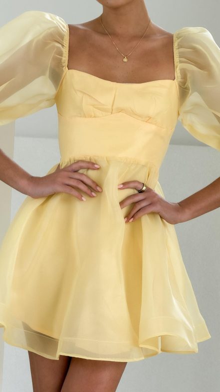 Toperth Dreamy Yellow Puff Sleeve Mini Dress – Toperth