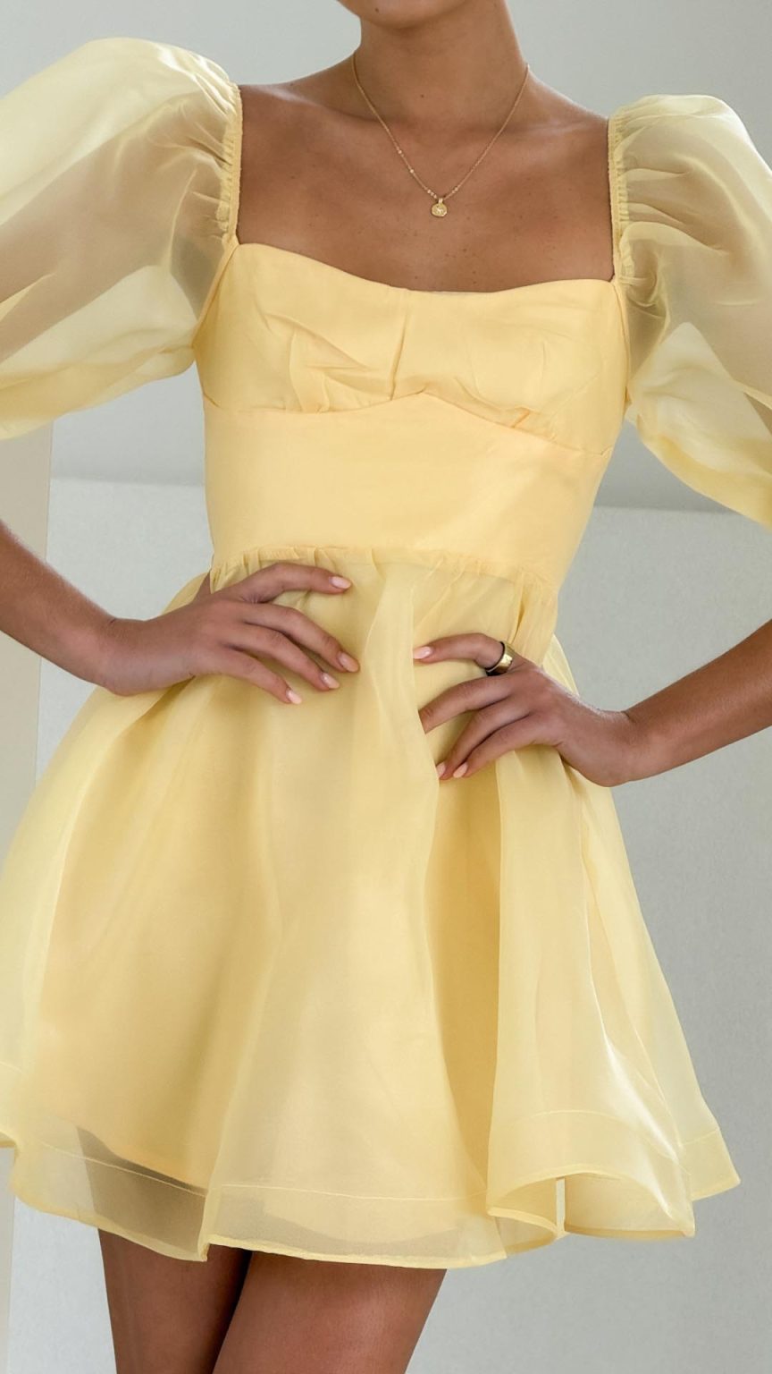 Toperth Dreamy Yellow Puff Sleeve Mini Dress – Toperth