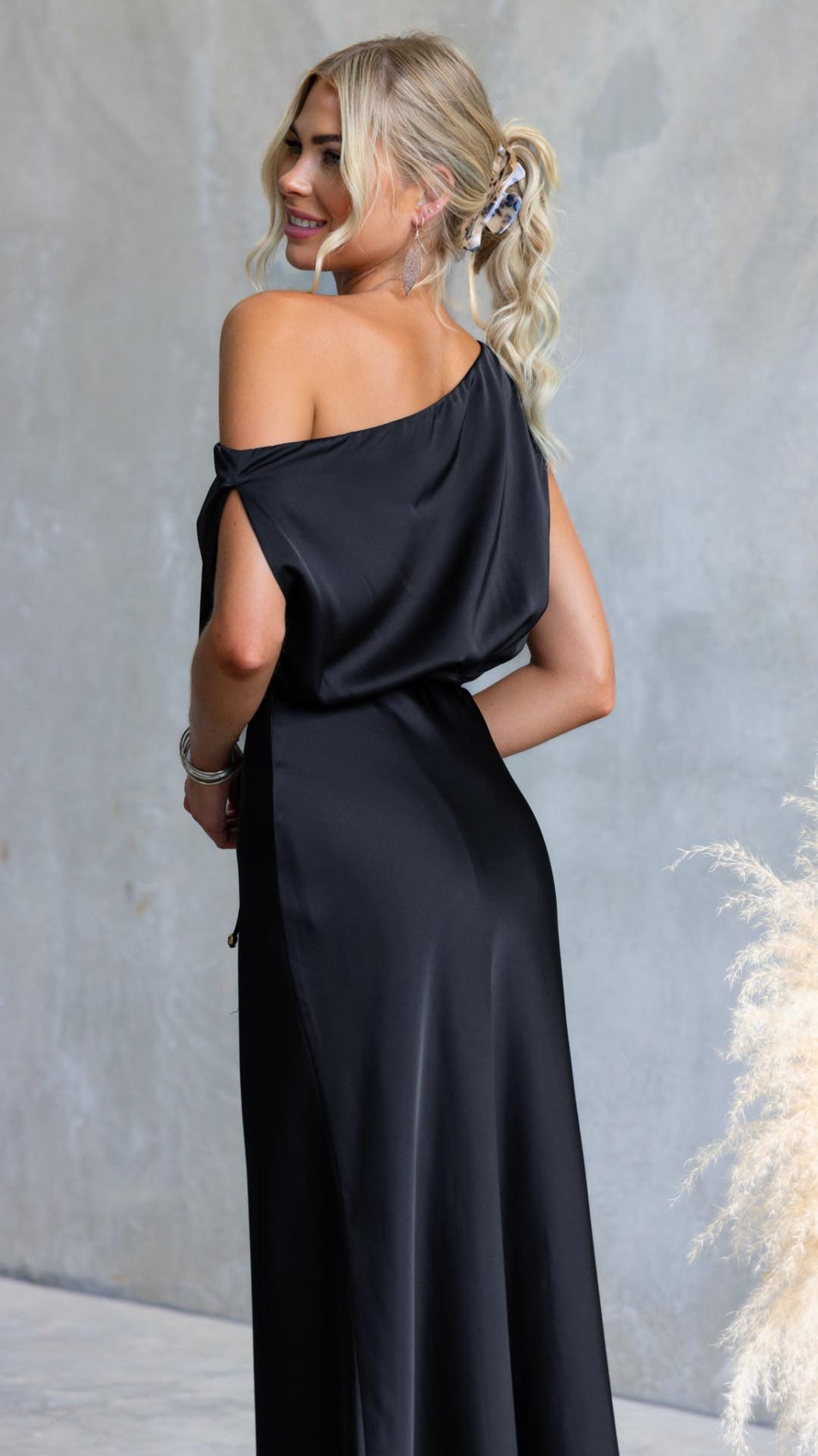 Toperth BLACK Draped Satin One-Shoulder Maxi Dress – Toperth